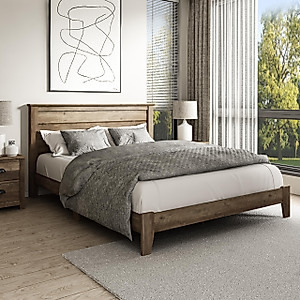 Galano Tiena Wood Platform Queen Bed Frame with Headboard, Mattress Foundation with Wood Slat Support, No Box Spring Needed, 64.17" L x 85.31" W x 40.16" H, Knotty Oak