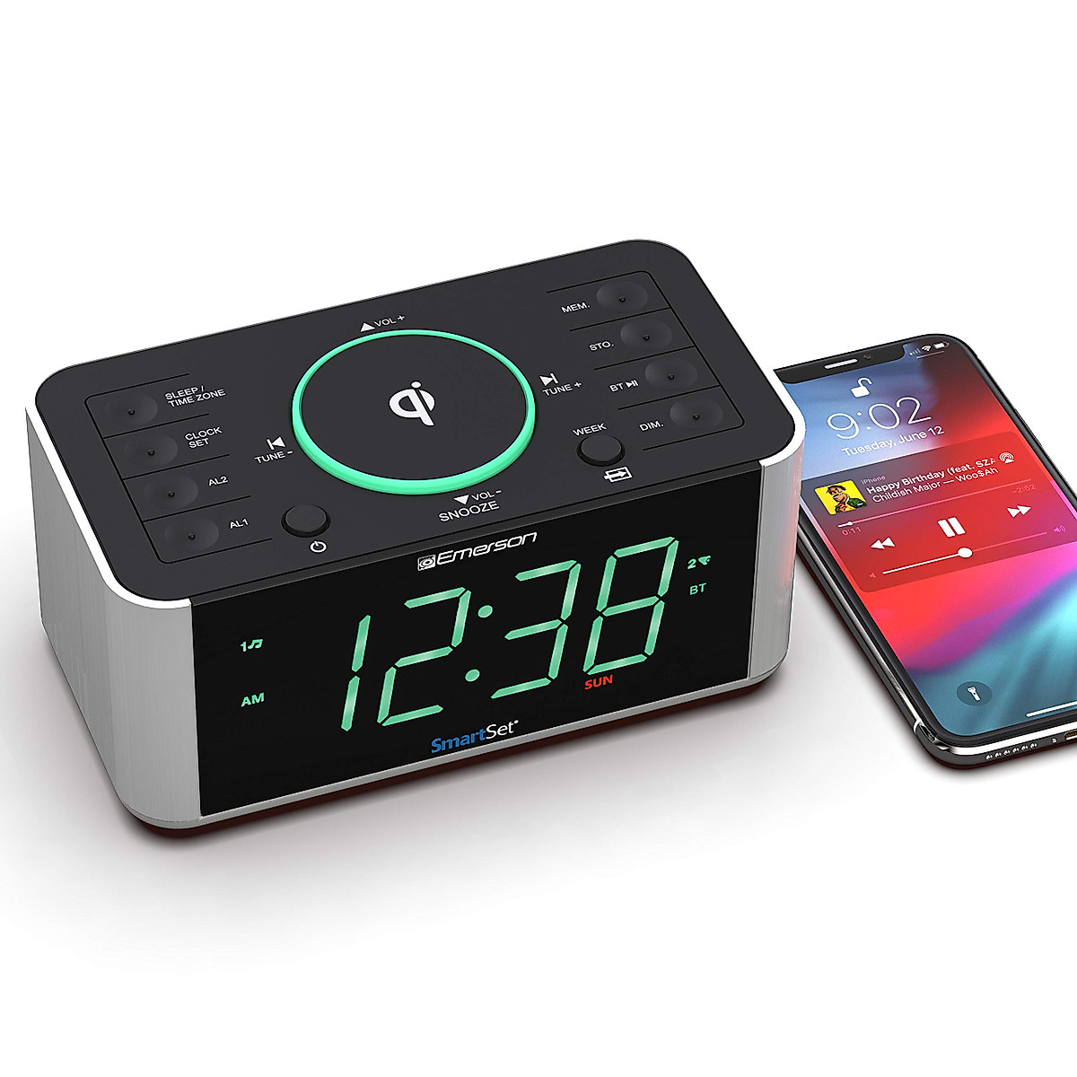 Emerson Smartset Dual Alarm Clock Radio and QI Wireless Phone Charger with Bluetooth, All Qi Compatible Phones, ER100202