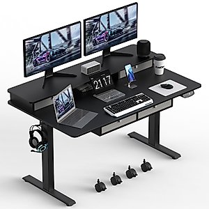 ExaDesk Electric Standing Widened Desk 63 * 30 Inches Adjustable Height with 4 Drawers, Double Storage Shelves Stand Up Desk, Home Office Workstation Sit Stand up Desk (Classical Black)