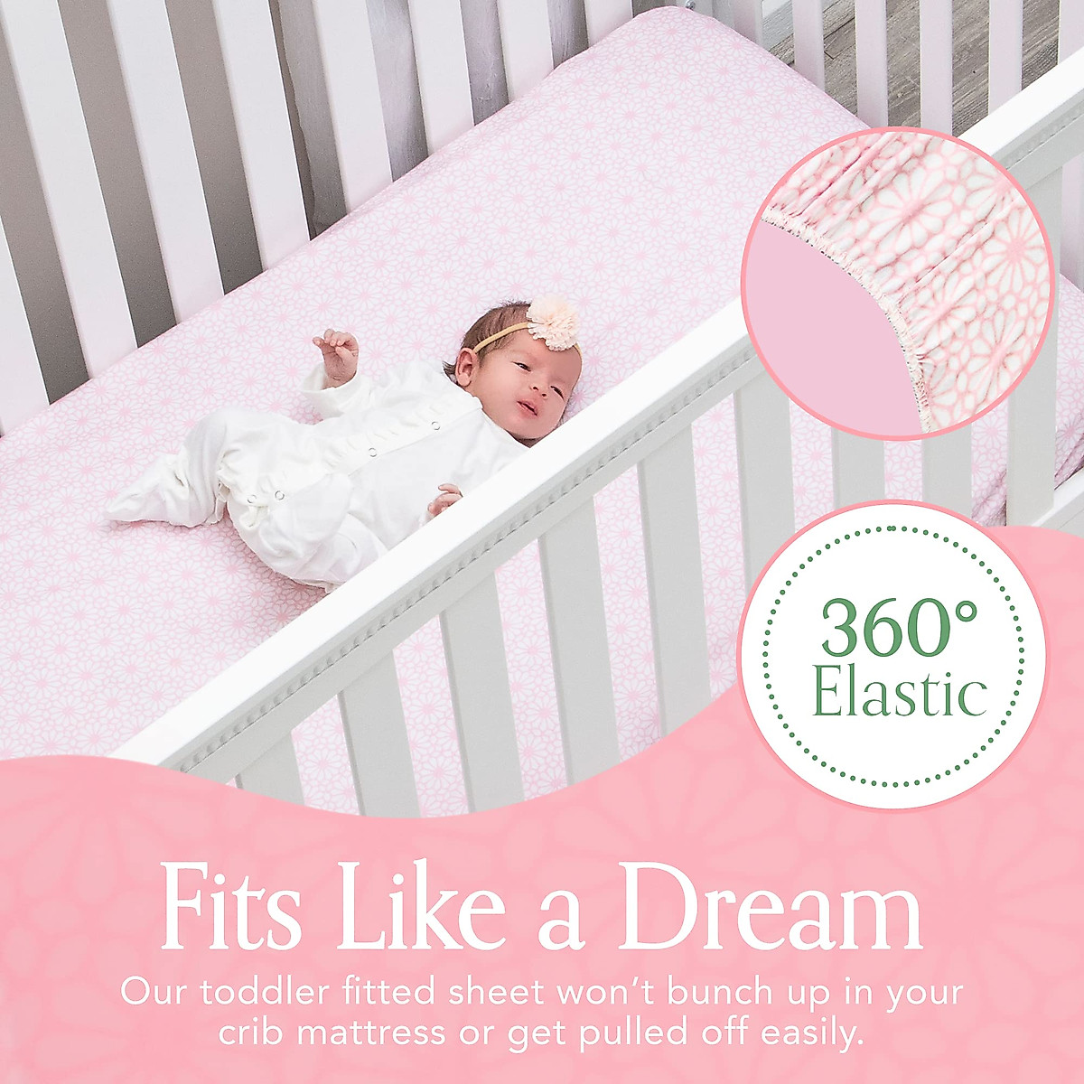 World Kind Brand - Floral Baby and Toddler Bed Sheets, Soft and Breathable Baby Sheets, Pure Cotton-Made Baby Girl Crib Sheets, Pink and White Crib Sheet with Elastic, 52 x 28 x 9 inches