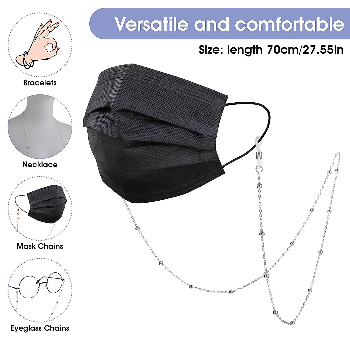 WLLHYF Glasses Chain for Women Strap Holder Around Neck, Women's Sun Reading Eyeglass Chain Hanger Face Mask Lanyard Necklace Silver