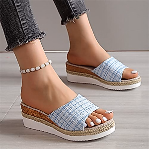 Flat Sandals for Women Size 8 Ladies Fashion Color Matching Cloth Open Toe Casual Slope Heel Thick Sole Sippers (Light Blue, 8)