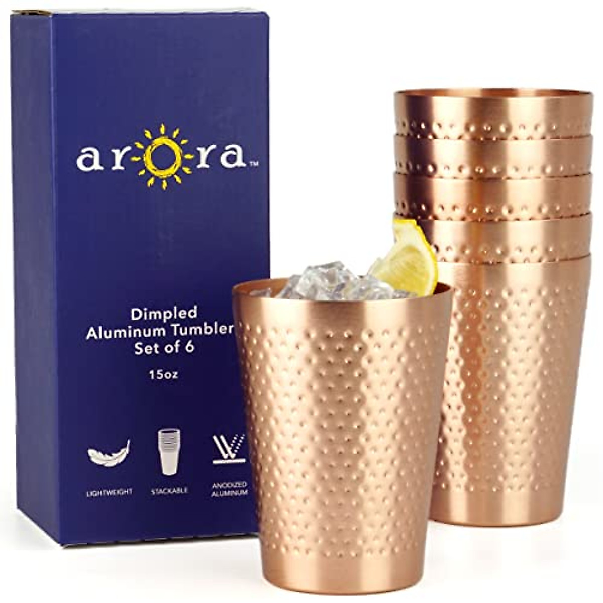 Arora Metal Anodized Hammered Copper Moscow Mule Mug Set 18oz Mug | Set of 4 & Metal Anodized Hammered Copper Tumbler Set | Best Aluminum Cold-Drink Cup | 15oz Cup | Set of 6