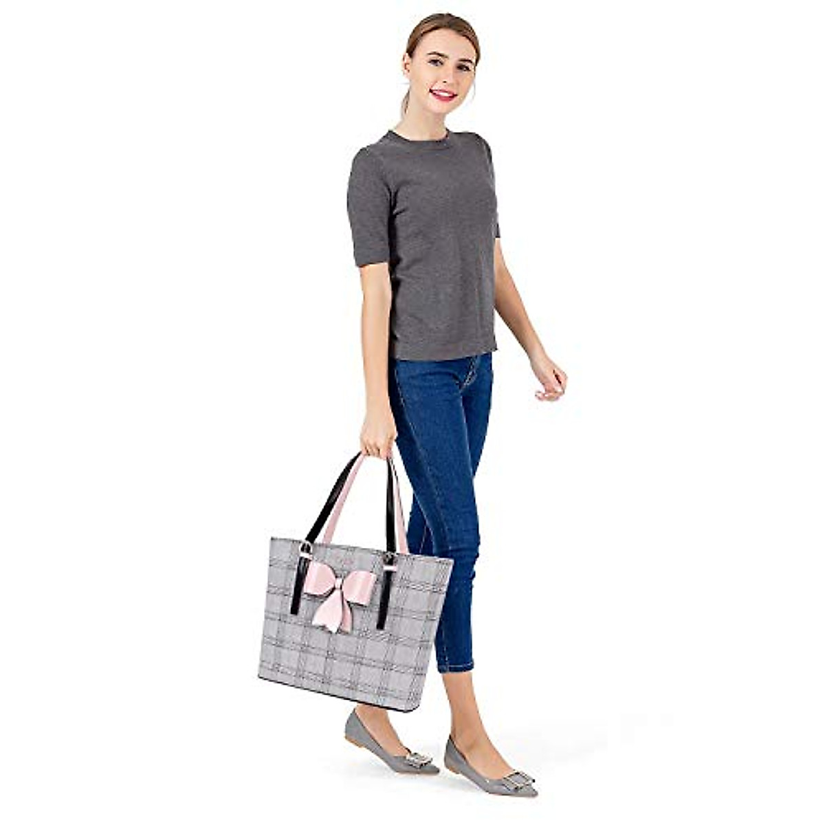 MOSISO Laptop Tote Bag Compatible with MacBook, 17-17.3 inch Notebook and Chromebook, PU Leather Large Capacity Work Bag Travel Hanbag with Grid MO-GID002LTBR