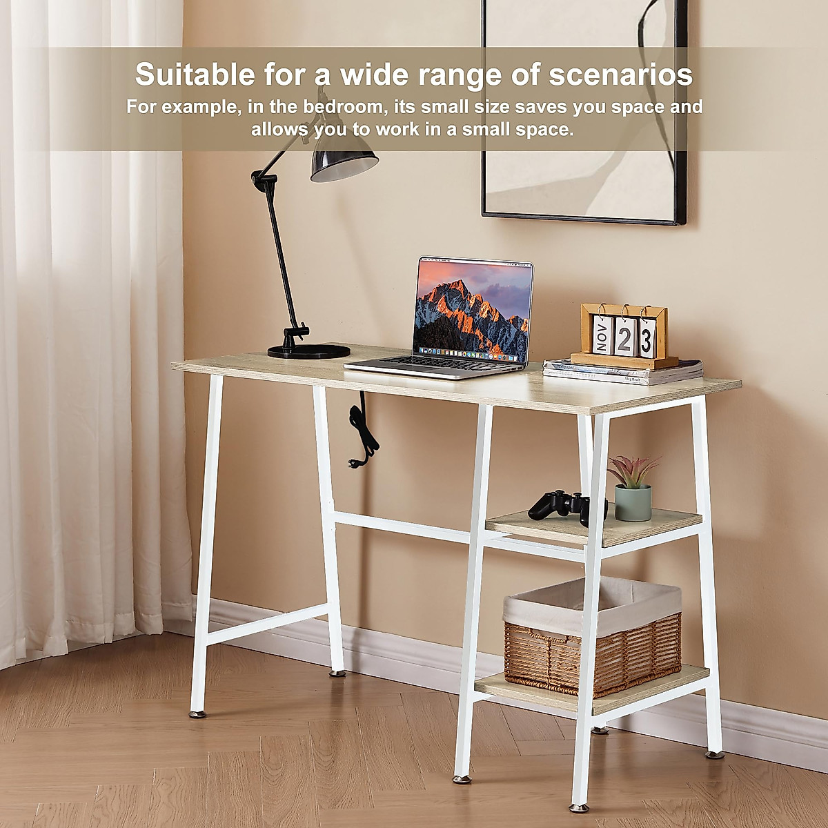 VECELO Computer Desk with USB Charging Port &Power Outlet, Teen Study Table with Storage Shelves for Home Office, 43 Inch Work Desk Charging Station, Oak