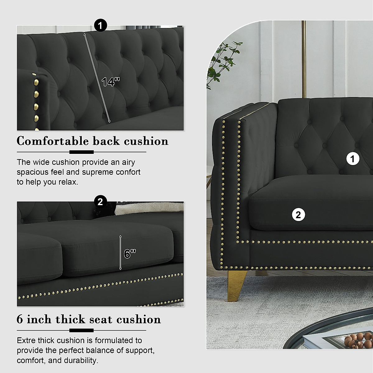 ATUMON Modern 2 Piece 81" 3-Seater Velvet Sofa Set,Buttons Tufted and Square Arm,Inlaid Gold Nail Heads and 4 Golden Metal Legs for Living Room (Black, 81" 3+3 Seat Velvet Sofa Sets)