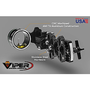 VIPER Archery Sidewinder XL Compound Bow Sight - Made in USA - Machined Aluminum, Bright Single Pin, Toolless Quickset Gear-Drive Elevation & Micro-Tune Windage Adjustments, 0.010 Pin