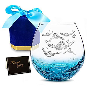 Sea Turtle Gifts, Deeply etched Sea Turtles Family Handmade Engraved Crackle Turquoise Beach Wine Glass, Gifts for Turtle Lover Men Women