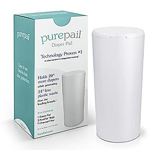 PurePail Classic Diaper Pail – White, Blocks Odors with No Added Fragrance, Holds 20% More Diapers & Generates Less Waste, No Cutting, No Canisters, Includes 1 Pail + 2 Refill Bags + 1 Charcoal Filter