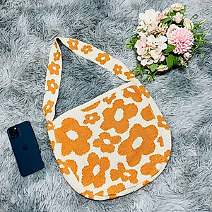Fairycore Flower Knitted Tote Bag Aesthetic Hobo Bag Fairy Grunge Casual Beach Handbags Women Y2K Accessories (Orange)