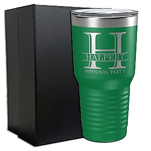 Personalized 30oz (17 Colors) Powder Coated Insulated Stainless Steel Tumbler with Lid, Custom Etched, Customized Engraved Gift Idea for Women Men Her Him, Halpert Monogram Initial Name (Green)