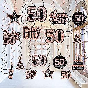30Pcs Rose Gold 50th Birthday Hanging Swirl Decorations for Women, Cheers to 50 Years Birthday Foil Swirls Party Supplies, Fifty Bday Ceiling Hanging Sign Decor