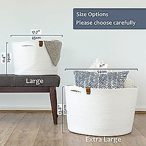 DENJA & CO Extra Large Blanket Basket for Living Room - White Farmhouse Woven Baskets for Storage | Cotton Rope Large Baskets for Blankets, Pillows, Toys, or Laundry | Ivory White (21" Wide x 13.8" Tall)