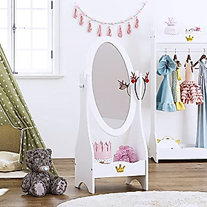 UTEX Kids Full Length Mirror, Kids Free-Standing Dressing Mirror with Adjustable Viewed, Wooden Mirror with Storage for 3-7 Years Old, White