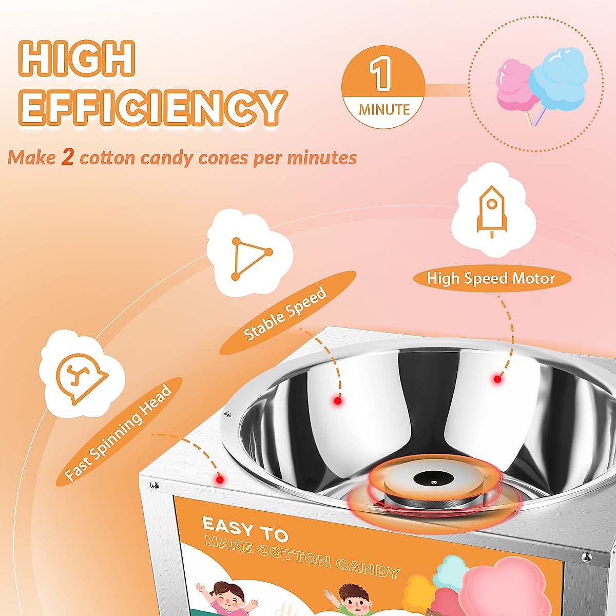 Newhai Commercial Cotton Candy Machine Electric Candy Floss Maker 18.5Inch 1200W Stainless Steel Sweet Sugar Candy Floss Maker for Cotton Candy Seller or Various Parties