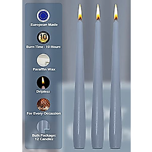 Hyoola Tall Taper Candles - 12 Inch Grey Blue Unscented Dripless Taper Candles - 10 Hour Burn Time - 12 Pack