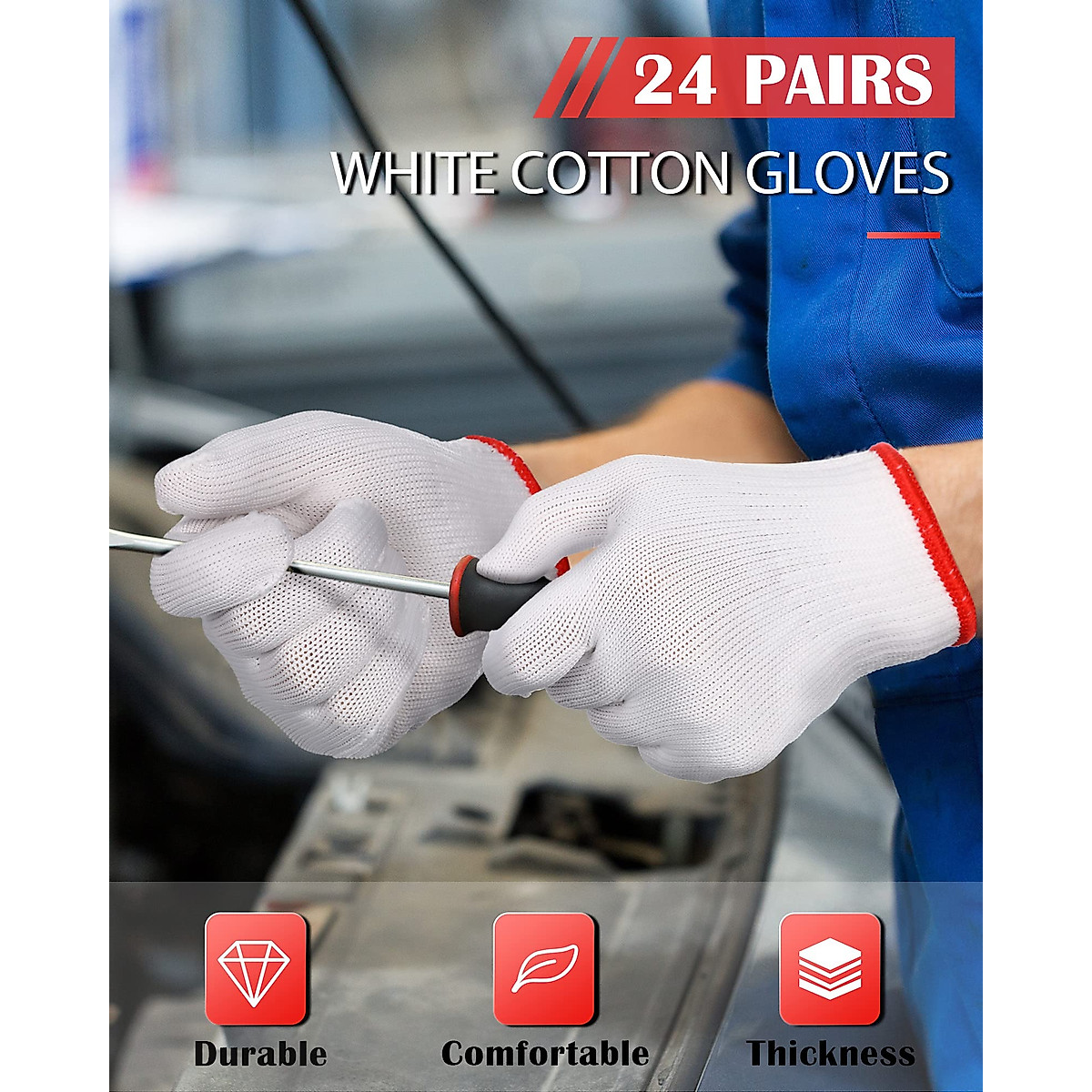Hicarer 24 Pairs Cotton Hand Working Gloves White Cotton Liners Gloves for Safety Work Gloves Thicker Men Women Cotton BBQ Gloves(Red Edge)