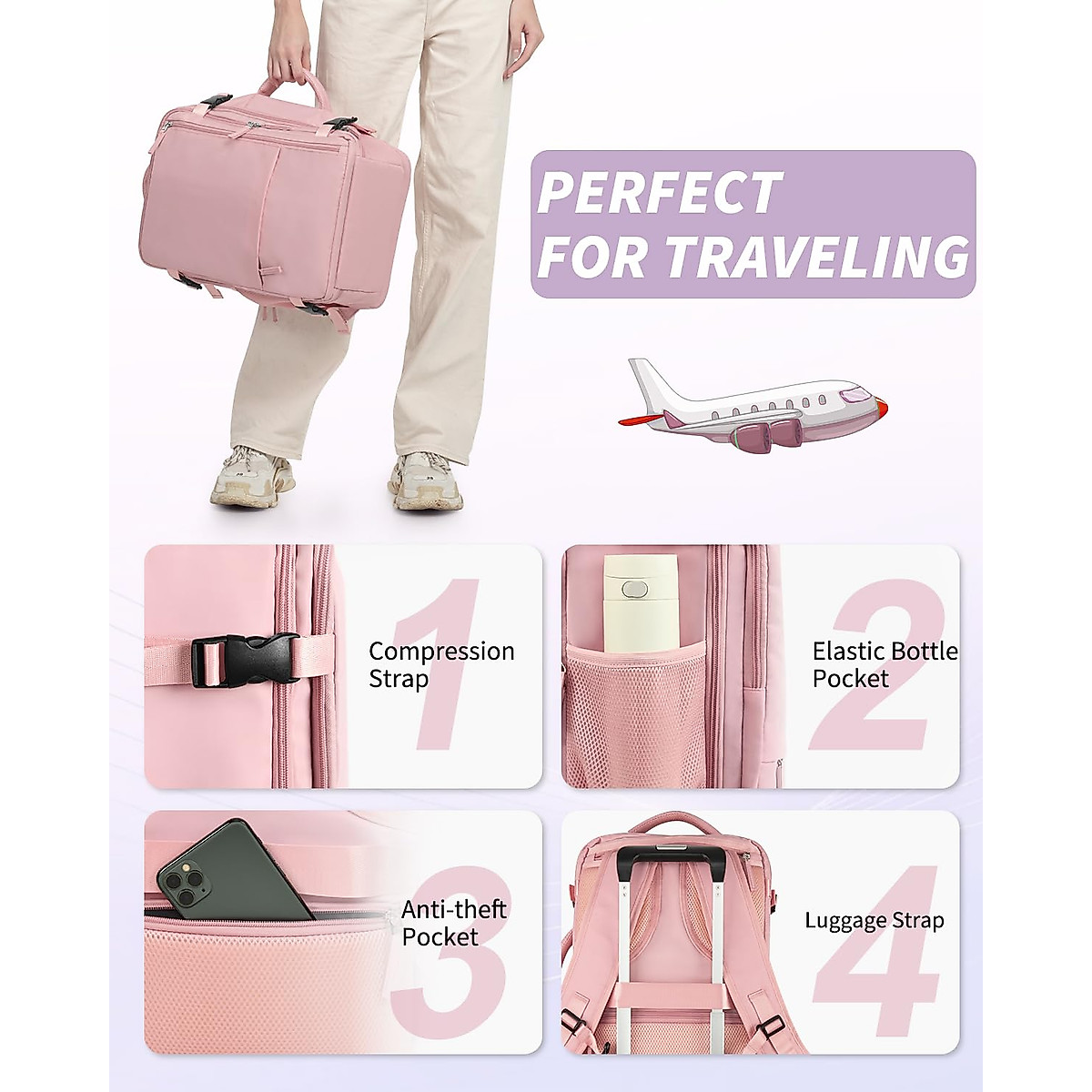 FALARK INC Travel Backpack For Women, 35L Carry On Backpack Flight Approved, Waterproof Personal Item Travel Bag Suitcase Backpack With USB Hole For Weekender, Traveling, Pink