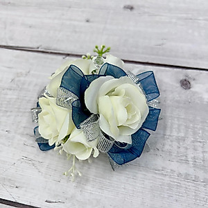 Ansuma Ivory Rose Flower Wrist Corsage Boutonniere Set Bridesmaid Wrist Corsage Bracelet & Groom and Best Man Boutonniere for Wedding Flowers Accessories Prom Suit Decorations (Navy Blue)