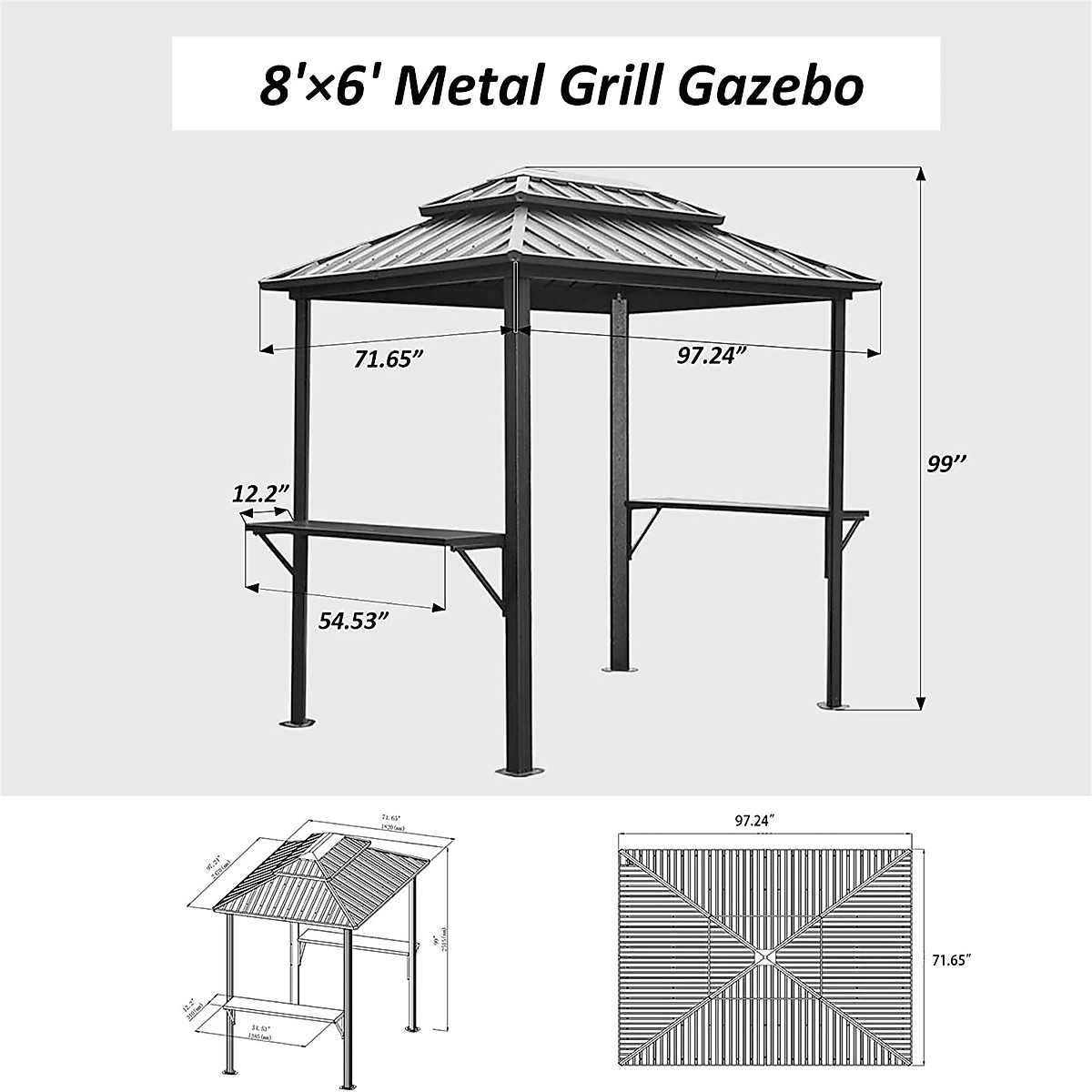 8'X6' Grill Gazebo Hardtop, Steel Grill Gazebo with Two Shelves Serving Tables, Permanent Double Roof Hard Top Gazebo, Heavy Duty Aluminum BBQ Gazebo for Patio, Deck, Backyard and Garden (Grey)