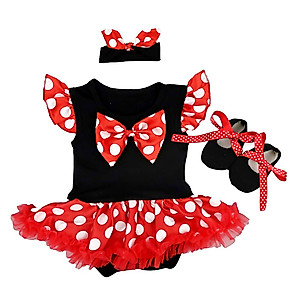 Baby Girls 1st Halloween Birthday Outfit Flutter Sleeve Bodysuit Polka Dot Romper Tutu Dress + Bow Headband + Shoes Christmas Cake Smash Party Clothes Photo Prop 3pcs Set Red+Black 0-3M