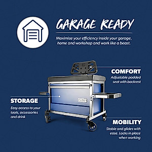 URBANTRANSIT The Beast Heavy Duty Shop Stool with Backrest - 500 Lb Capacity Rolling Stool for The Garage with Tool Storage, Cupholder and 360 Degree Wheels - an Ideal Workshop and Mechanic Stool