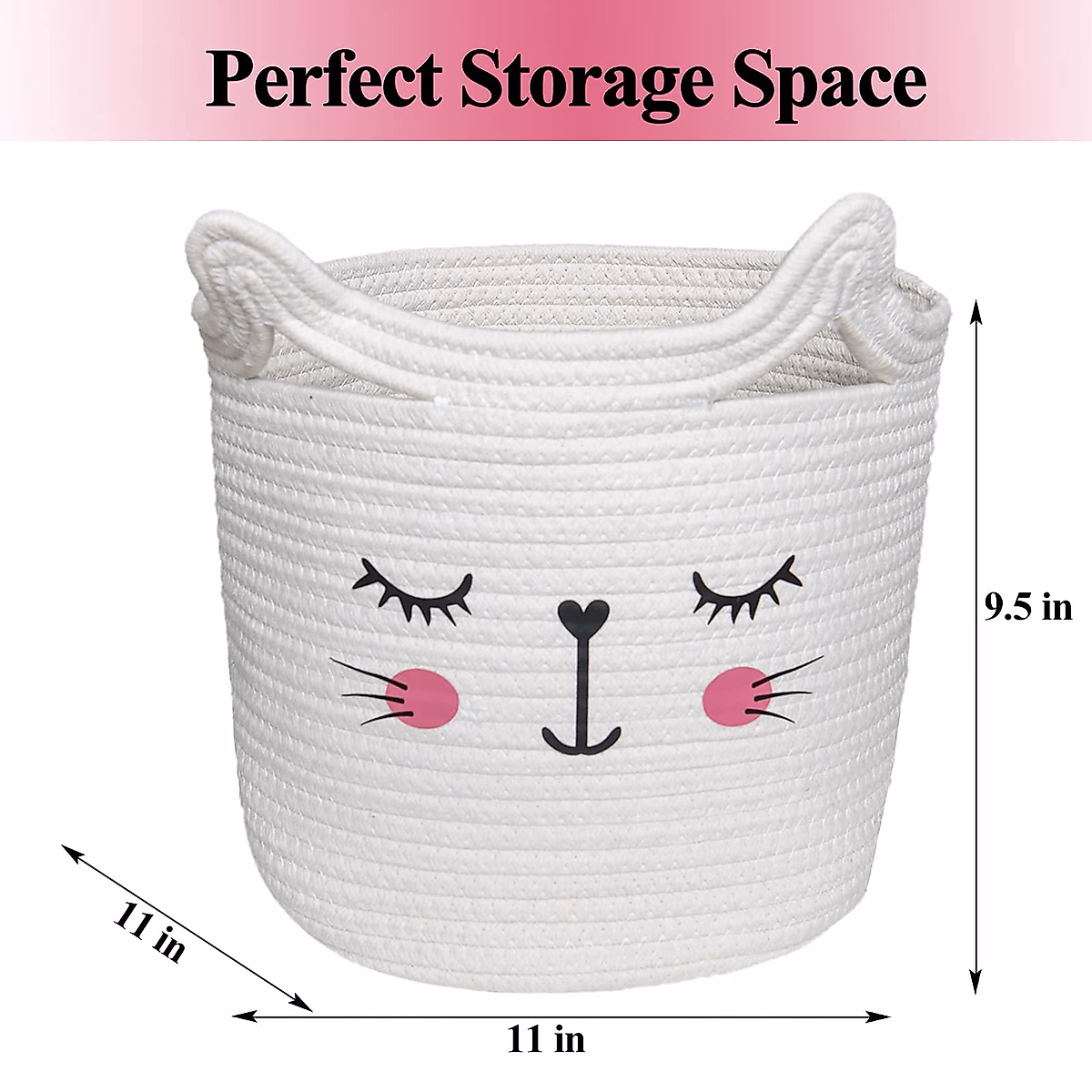 Bigepige Cat Decorative Baby Toy Storage Basket with Handle, Cotton Rope Blanket Basket for Cat Lovers Gift, Stuffed Animal Storage Bin, Cute Kids Laundry Nursery Hamper Organizer (White3, Medium)