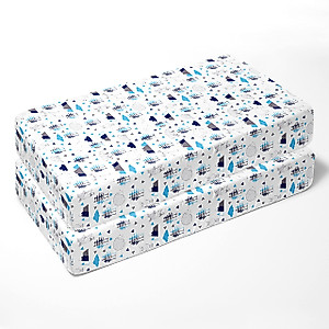 Bacati - 2 Pack Woodlands Bears Bison Owls Printed Boys 100% Cotton Universal Baby US Standard Crib or Toddler Bed Fitted Sheets (Aqua/Navy/Grey)