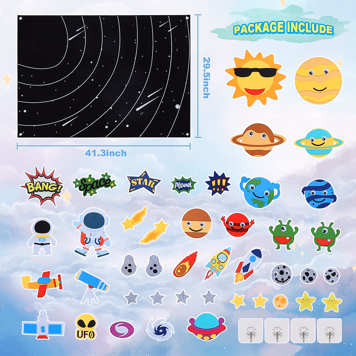 HomeMall 43Pcs Outer Space Felt Board Story Set, 3.5 Ft Toddlers Kids Solar System Universe Learning Storytelling Flannel Board, Rocket Astronaut Planets Galaxy Play Kit with for Boys Girls