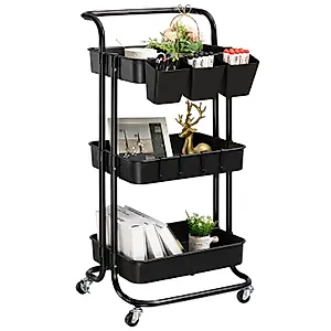 danpinera 3 Tier Rolling Utility Cart with Lockable Wheels & Hanging Cups & Hooks Storage Organization Shelves for Kitchen, Bathroom, Office, Library, Coffee Bar Trolley Service Cart (Black)