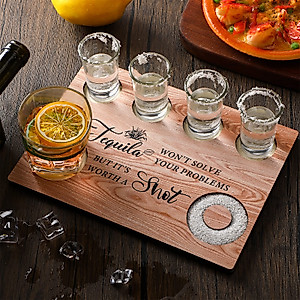 Flight Board Wooden Flight Tray Glass Cup Holder with Salt Rim Glass Cup Serving Tray Bar Serving Trays for Restaurant, Bar, Farmhouse, Party, Family Gathering