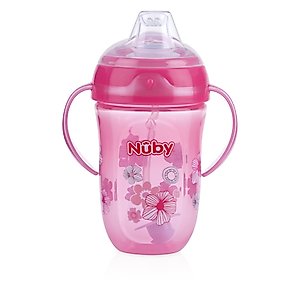 Nuby Comfort Trainer 2 Handle Cup with 360 Weighted Straw and Soft Silicone Spout, 9 Oz, Girl, Pink Flowers