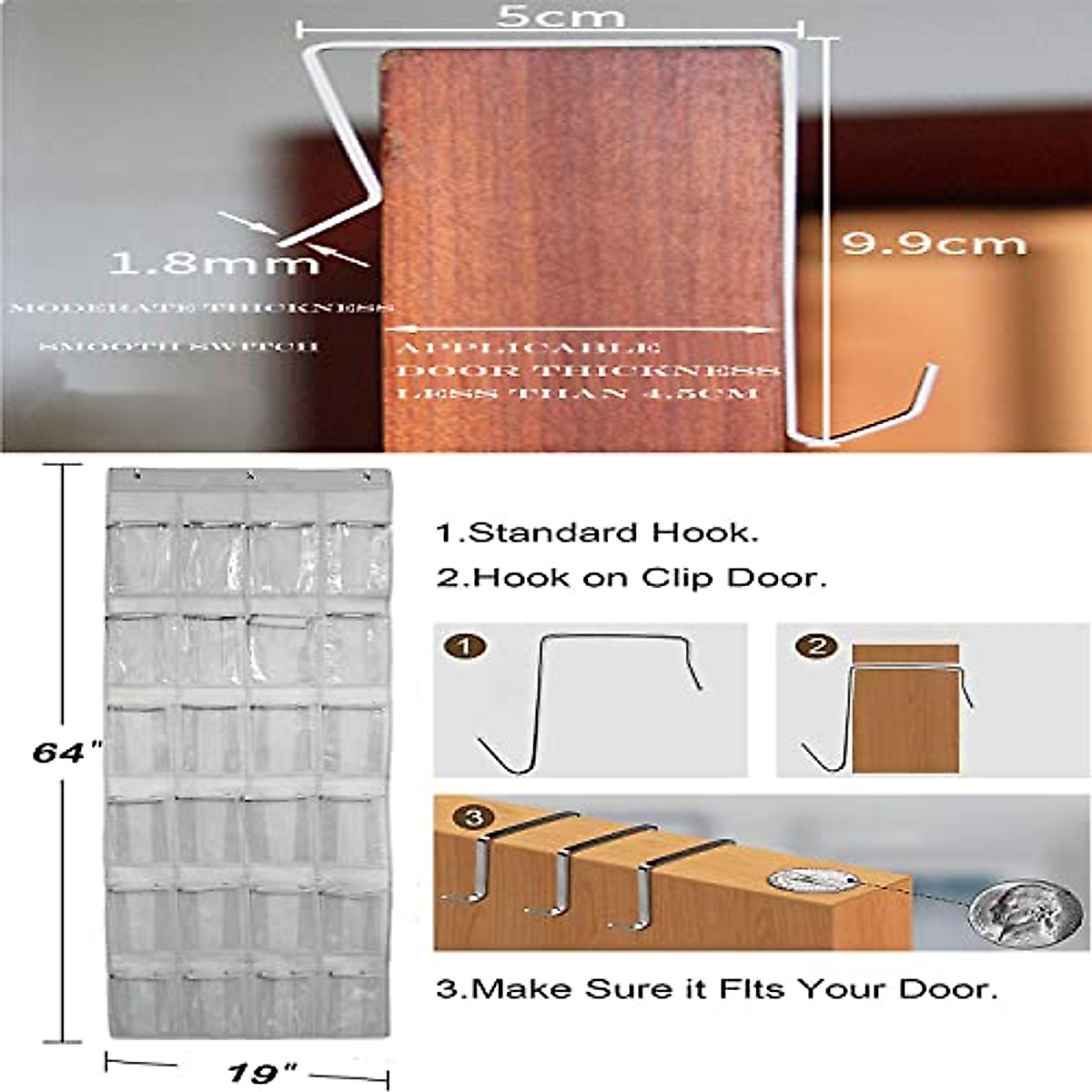 Over The Door Hanging Shoe Organizer with 24 Large Crystal Clear PVC Pockets Hanging Shoe Organizer and 3 Metal Hooks for Storage Men's Sneakers, Bathroom Toiletries, Slippers and Kids Toys (Grey)