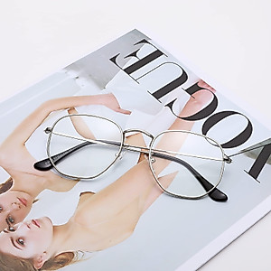 Pro Acme Hexagonal Non-Prescription Glasses Frame for Women Men Designer Square Round Metal Clear Lens Eyeglasses (Silver)