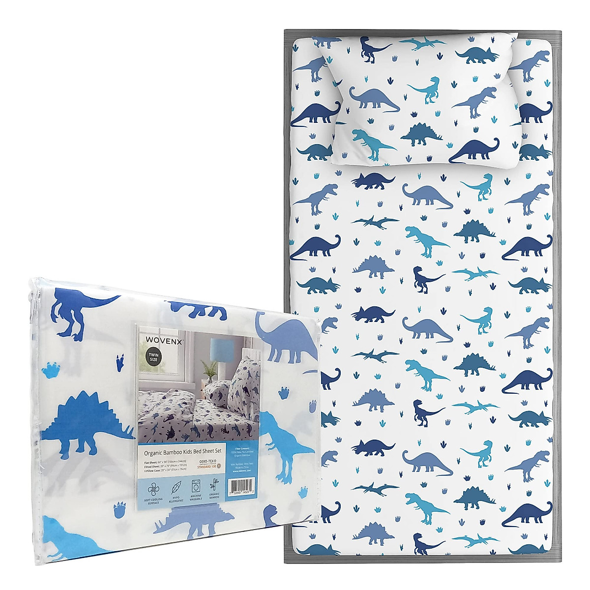 wovenx Kids Organic Viscose Derived from Bamboo Sheet Set | Twin or Full Size Fitted Bed Sheets | Oeko-Tex Certified | Cute Toddler Bedding for Girls & Boys Dino Twin