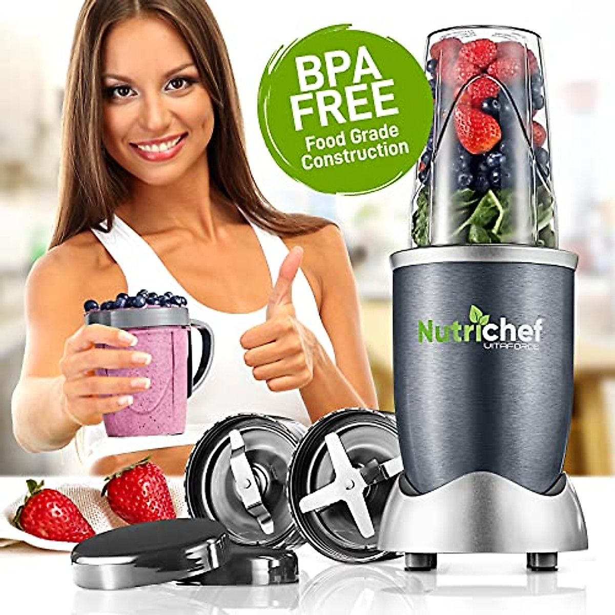 Personal Electric Single Serve Blender - 600W Professional Kitchen Countertop Mini Blender-for Shakes and Smoothies w/ Pulse Blend, Convenient Lid-Cover, Portable 10 & 20 Oz Cups - NutriChef NCBL60