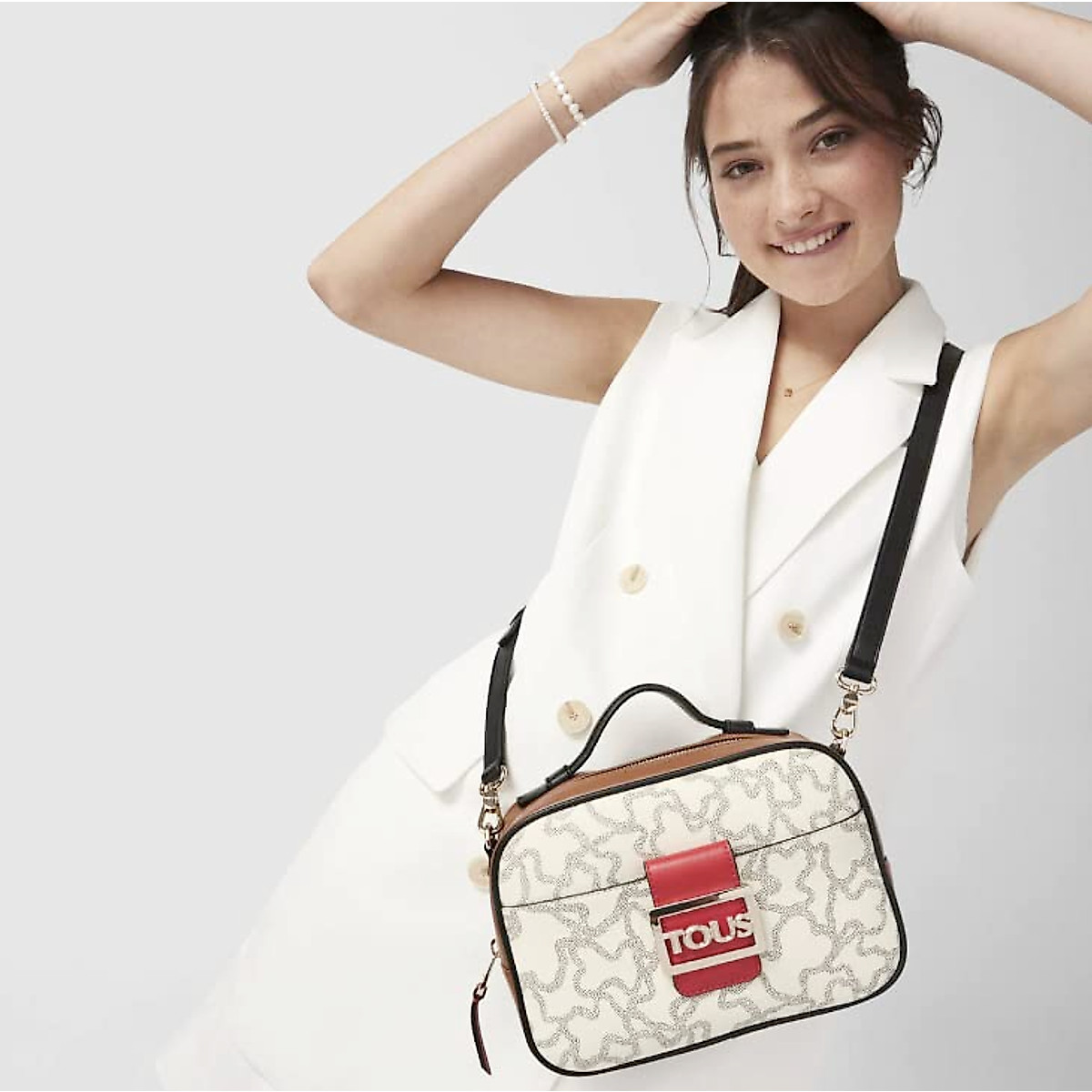 TOUS Water-Repellent Canvas Combined with Leather-Effect Vinyl Crossbody Reporter Bag for Women, 24x10.5x20.5 cm, Multibeige, Kaos Icon Collection