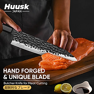 Huusk Japanese Gyuto Chef Knife - 8" Hand Forged Knives, 3 Layers 9CR18MOV High Carbon Kitchen Knife, Professional Sharp Cooking Knife with Ergonomic Handle for Meat, Vegetables, Fish