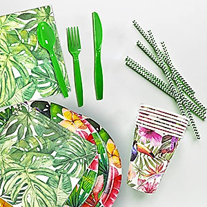 FVABO Hawaiian Luau Party Supplies Tableware - Aloha Tropical Party Dinnerware Include Plates, Cups, Napkins, Cutlery, Tablecloth, Straws, For Hawaiian Theme Birthday Party Decorations | Serves 24