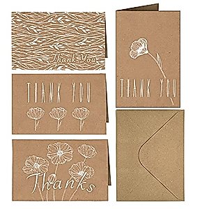 4x6 Thank You Cards 20 Pack Brown Craft Paper 4 Designs of Assorted Blank Thank You Greeting Cards with Envelopes, for Birthday, Wedding, Bridal/Baby Shower, Celebrations…