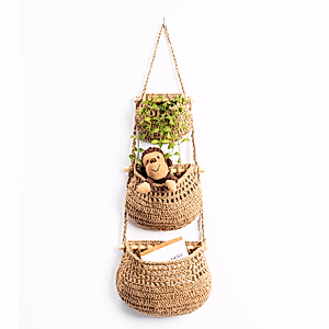 Hanging Fruit Basket, 3 Tier Woven Jute Wall Hanging Basket for Organizing, Hanging Produce Basket for Fruit & Vegetable Storage, Boho Kitchen Decor, Wall Basket Storage for Kitchen, Bedroom, Bathroom