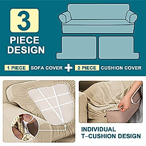 3 Pieces Sofa Covers T Cushion Sofa Slipcovers for 2 Cushion Couch Stretch Couch Cover Soft Sofa Slip Cover Furniture Covers with 2 Individual T Cushion Seat Covers (2 Cushion Sofa, Biscotti Beige)