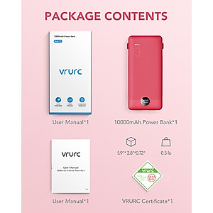 VRURC Portable Charger Built-in Cables and AC Wall Plug, USB C Power Bank 10000mAh, [2023 Upgraded Version] Phone Charger Compact Lightweight External Battery Pack for Smart Phones, Tablets etc-Red