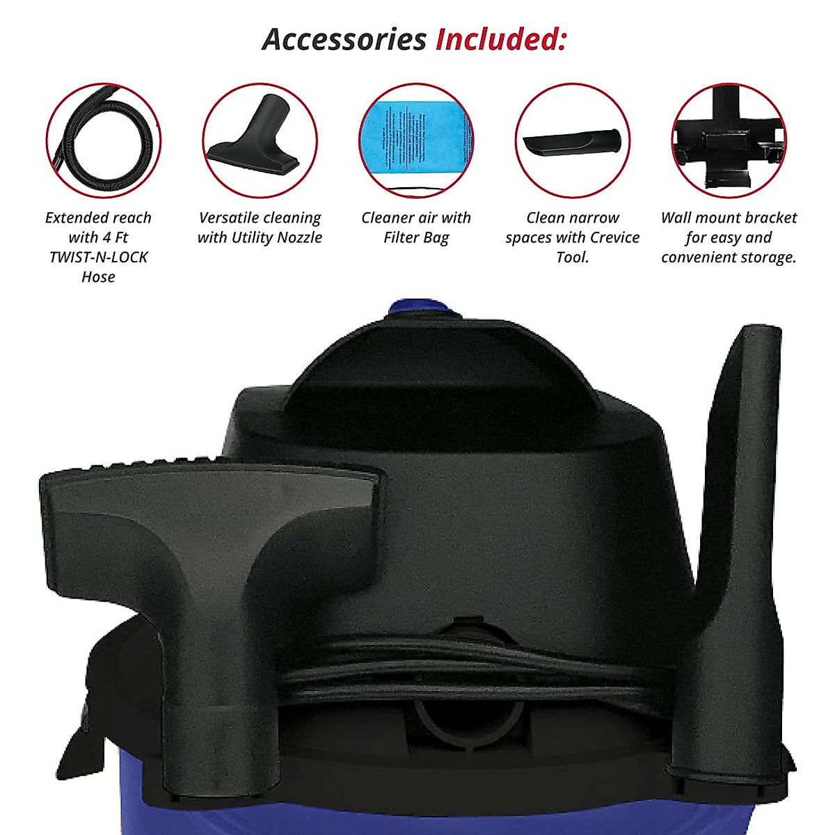 Koblenz WD-2.5 L Portable Wet/Dry, 2.5 Gallon 2.5HP Wall Mountable Vacuum, Blue+Black, 5 Year Warranty