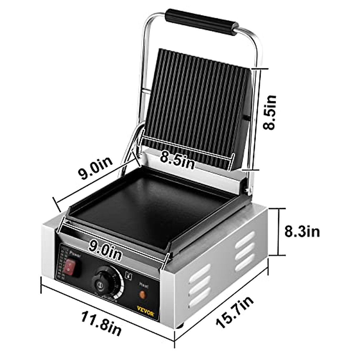 Happybuy Commercial Sandwich Panini Press Grill,110V 1800W Up Grooved and Down Flat Plates Electric Sandwich Maker, Temperature Control 122°F-572°F for Hamburgers Steaks Bacons