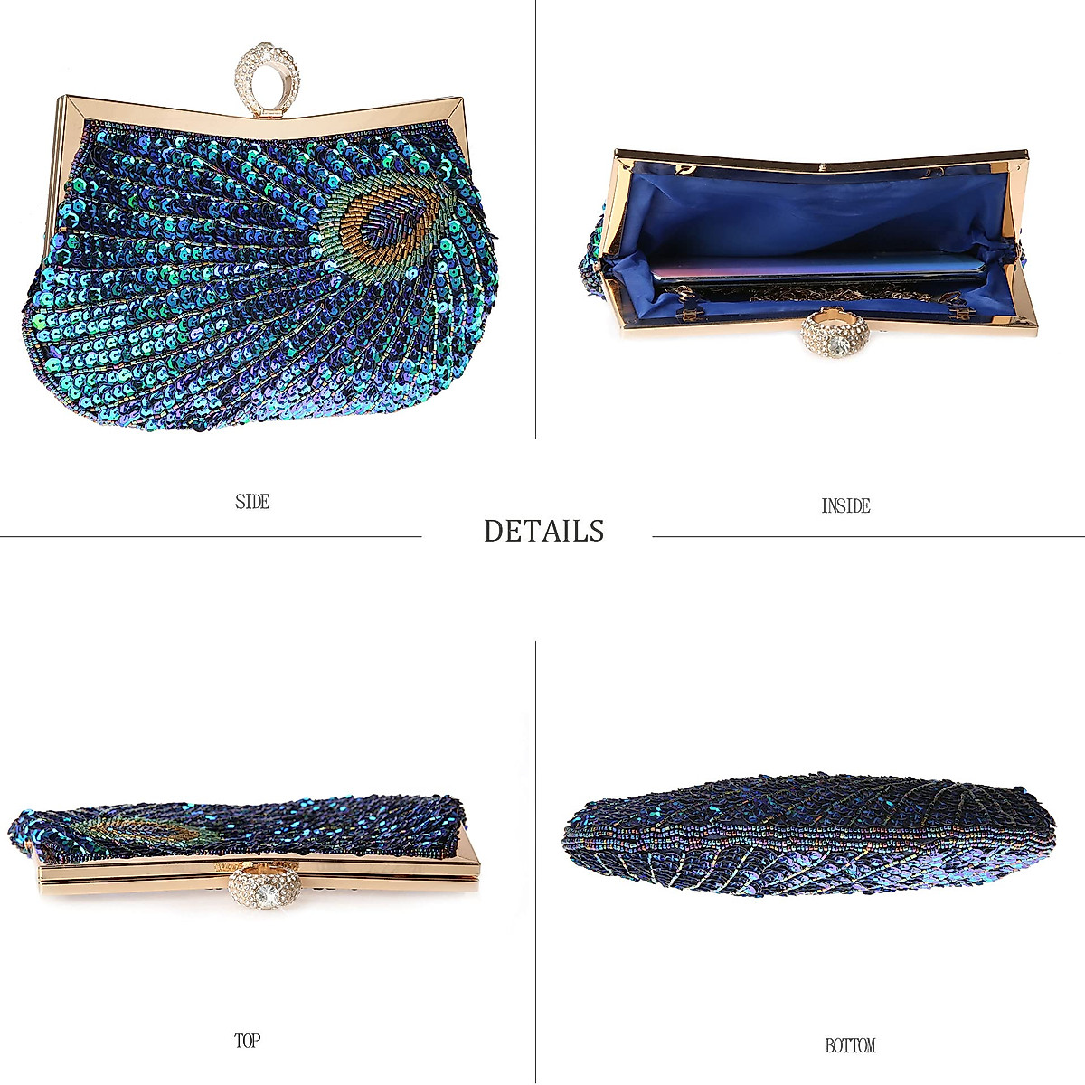 Peacock Evening Bag Sequins Beaded Clutch Purse with Ring Lock Closure for Wedding Party Peacock Blue