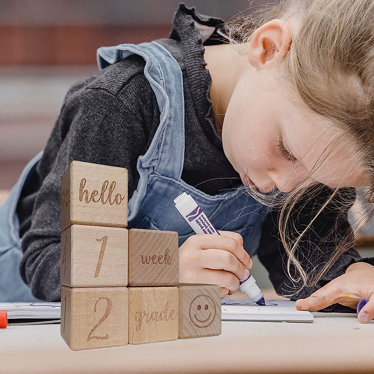Baby Milestone Blocks - Monthly Baby Milestone Wood Blocks for Keepsake Photography - Set of 6 Baby Age Blocks for Pictures Ages Newborn to Weeks, Months, Years with Welcome Baby Age Sign & Bag