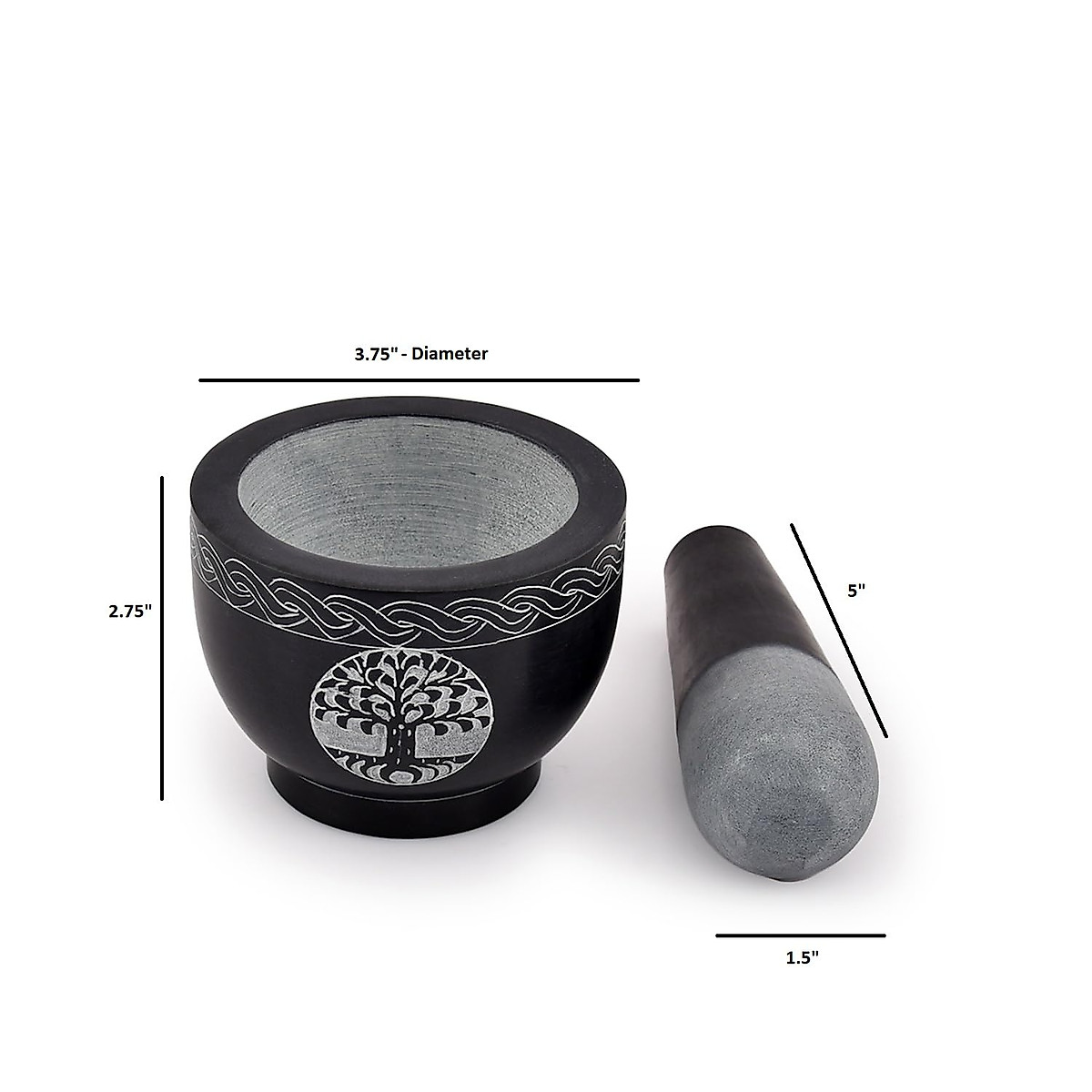 Samhita Tree of Life Natural Stone Mortar & Pestle Mortar Diameter- 3.75"x 2.75" Pestle-5" x 1.5"