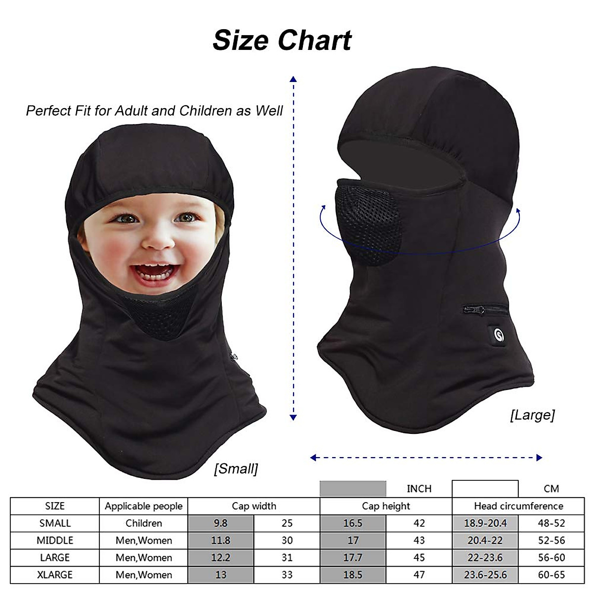 Battery Balaclava Face Ski Mask,Windproof Heated Hat Motorcycle,Riding Women Men Black