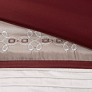 Madison Park Essentials Jelena Room in A Bag Faux Silk Comforter Classic Luxe All Season Down Alternative Bedding, Matching Bedskirt, Curtains, Decorative Pillows, Queen(90"x90"), Red 24 Piece